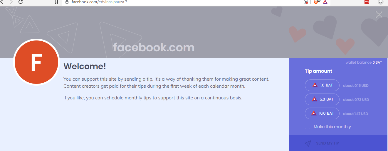 Facebook testing Brave Browser BAT coin Tipping Banner | Edvin Pauza